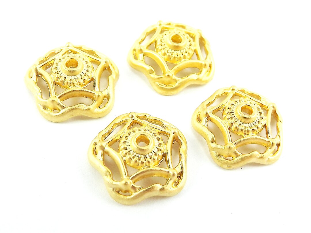 4 Shallow Wavy Bead End Caps - 16mm Wide 22k Matte Gold Plated Round ...
