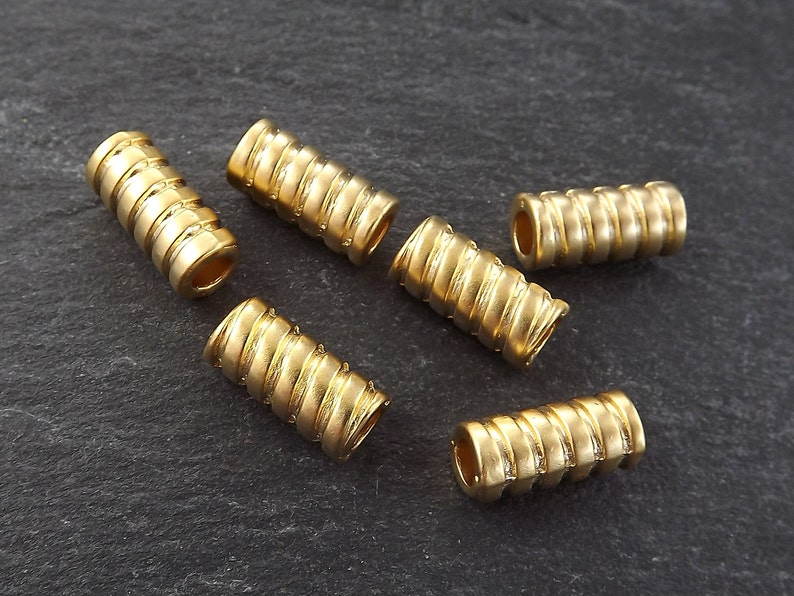 Large Narrow Spiral Ribbed Barrel Tube Beads - 22k Matte Gold Plated ...