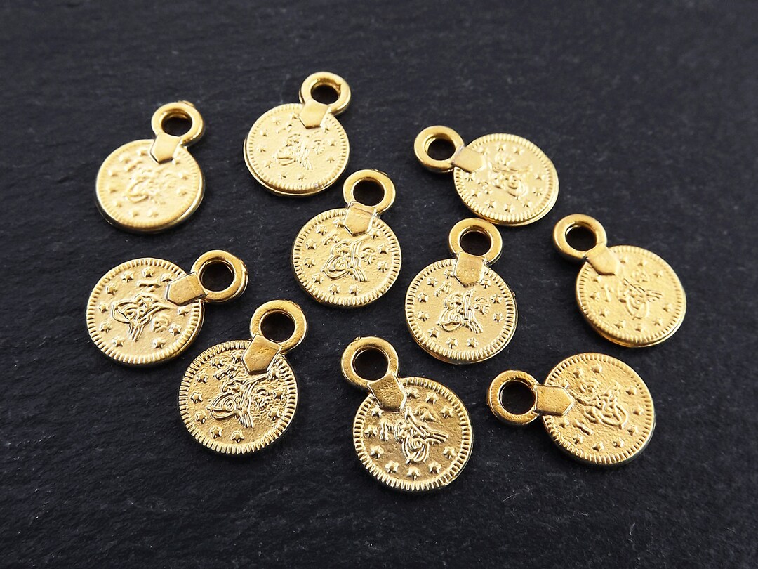 Mini Gold Coin Charm Pendants, Small Round Chunky Coins, 22k Matte Gold ...
