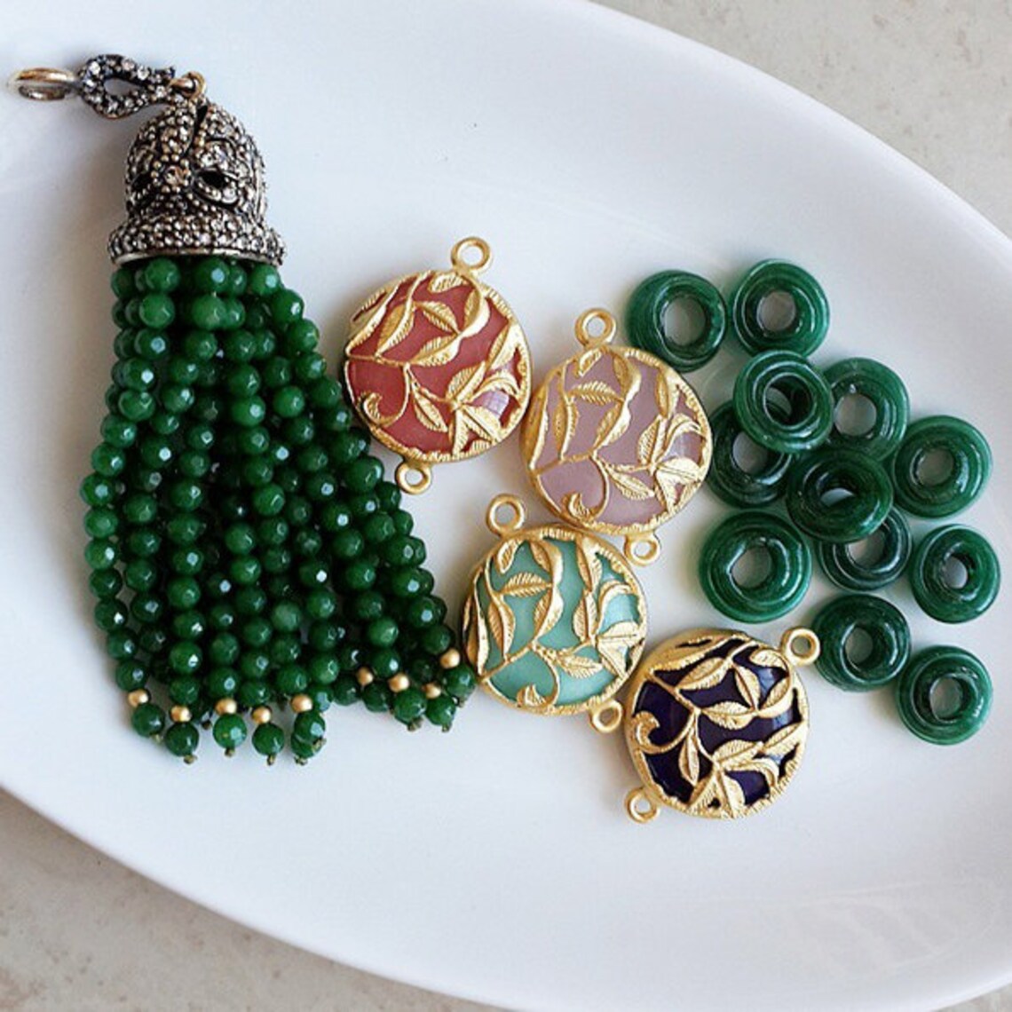 Pale Blue Rustic Leaves Jade Connector Gold Plated Bezel | Etsy