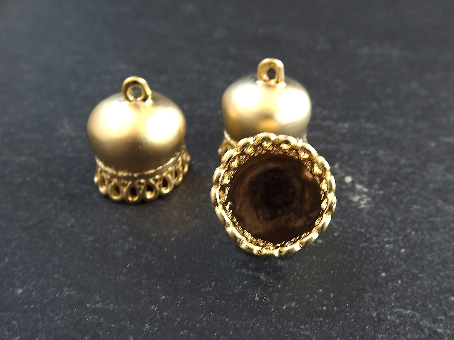 3 Tassel Caps, Gold Bead Caps With Loops, Tassel Findings, 22k Matte ...
