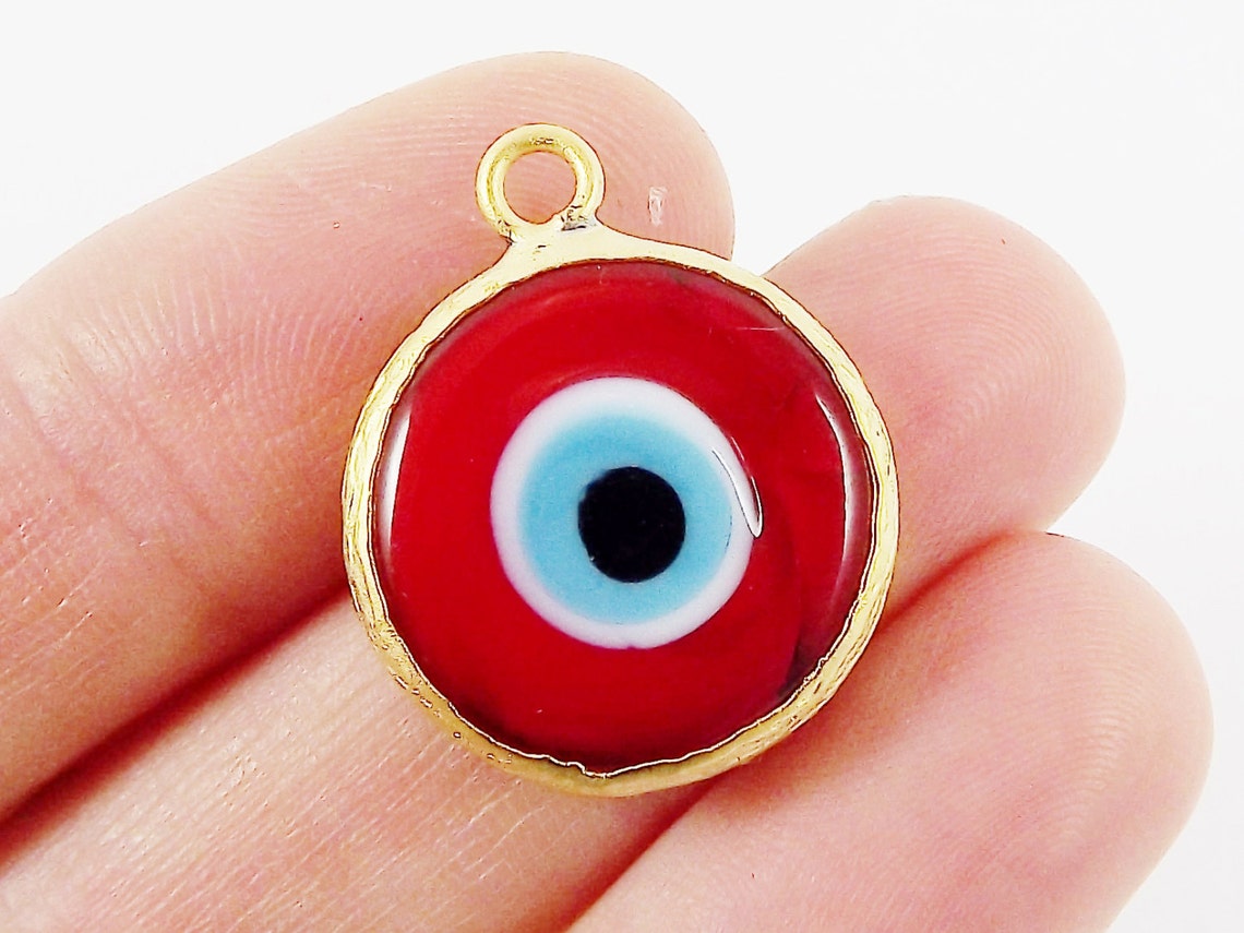 Red Evil Eye Round Artisan Handmade Glass Pendant - 22k Matte Gold ...