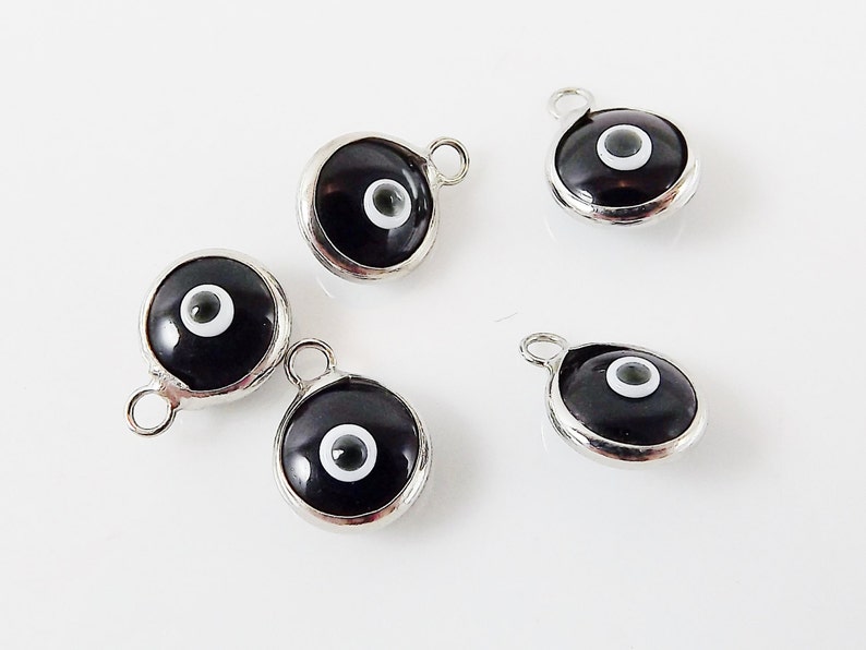5 Mini Black Evil Eye Nazar Artisan Glass Bead Charms Silver | Etsy