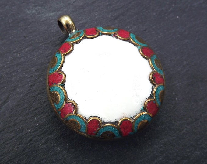 Large Round Tibetan Conch Shell Pendant, Red Coral and Turquoise Inlay ...