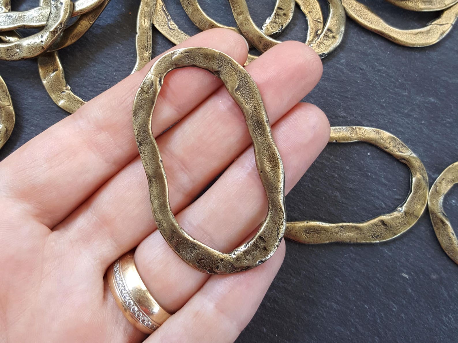 Large Bronze Oval Loop Link Pendant Connector, Organic Textured Flat ...