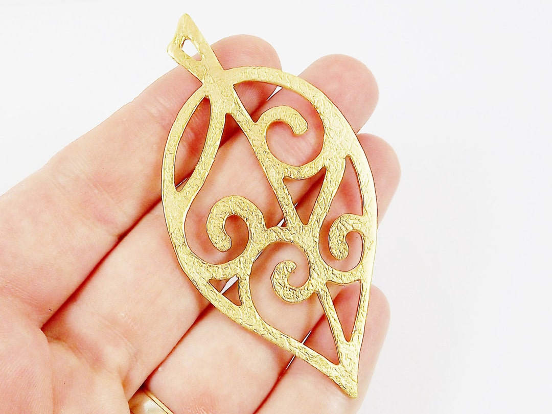 Large Fretwork Leaf Pendant Charm 22k Matte Gold Plated 1PC - Etsy