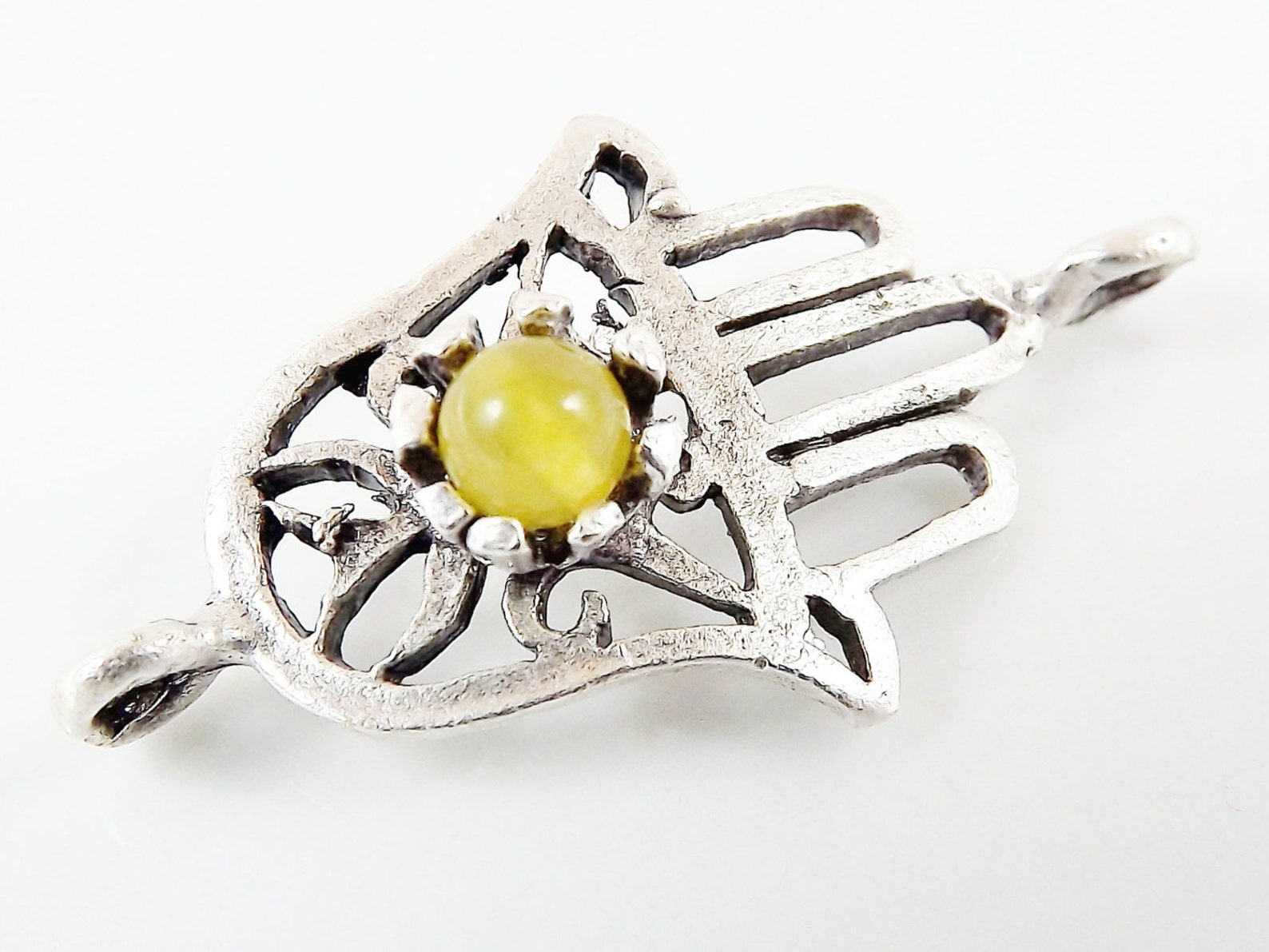 Hamsa Hand of Fatima Connector With Yellow Jade Stone - Matte Silver ...