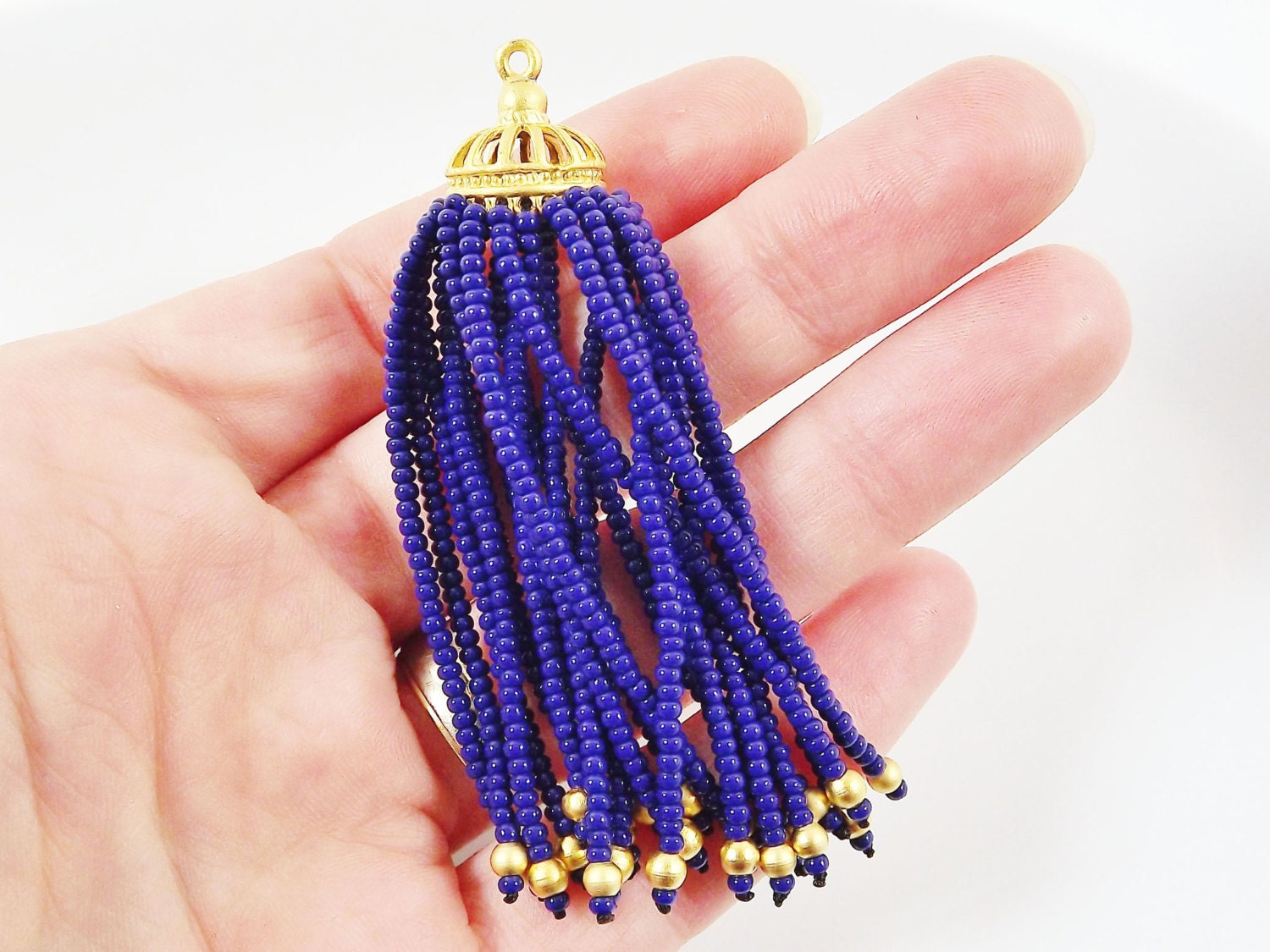 Long Navy Blue Beaded Tassel 22k Matte Gold Plated Brass - Etsy