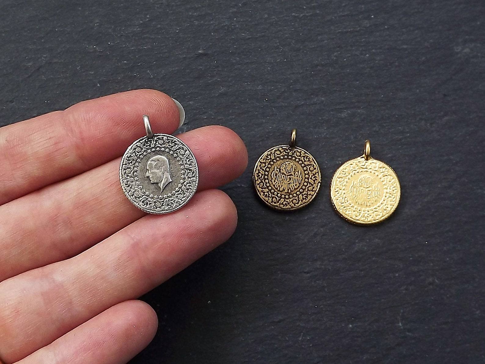 Silver Coin Charms, Medallion Pendant, Chunky Coin Charms, Round Coin ...