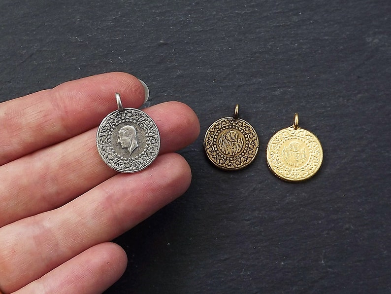 Silver Coin Charms Medallion Pendant Chunky Coin Charms | Etsy