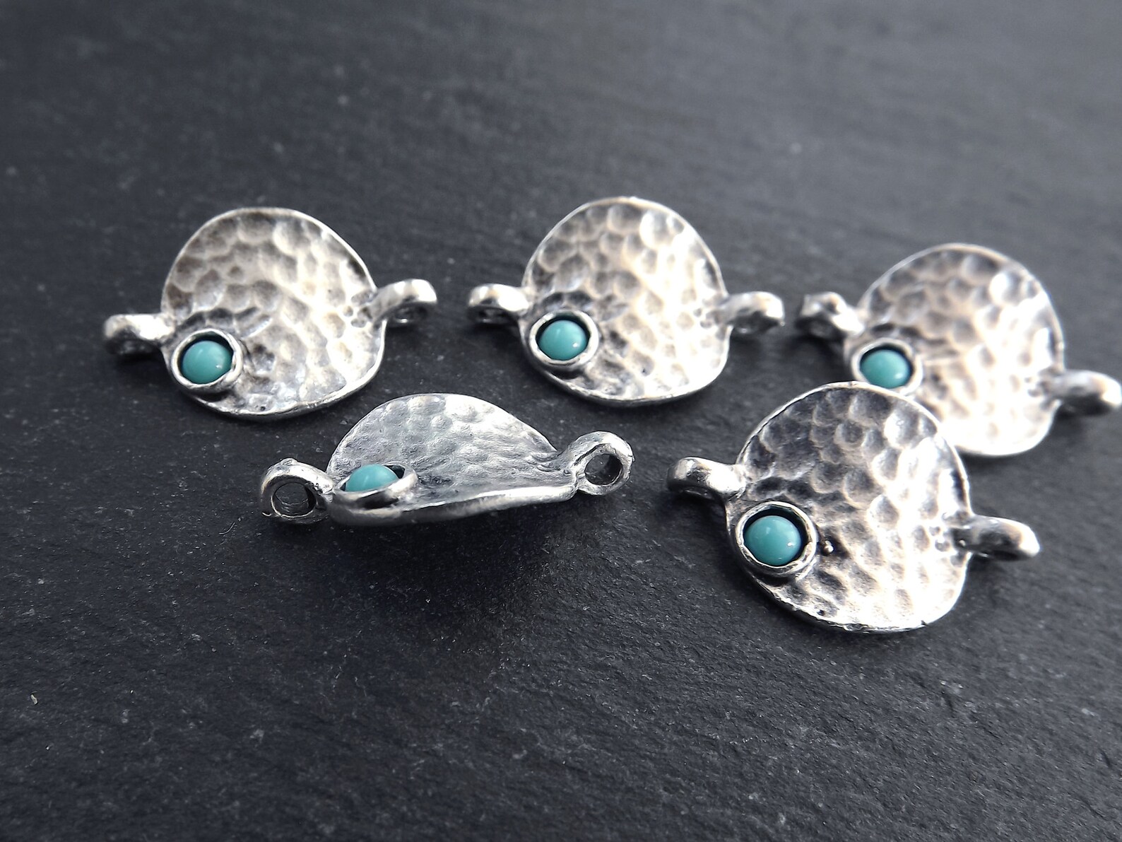 5 Rustic Hammered Warped Disc Charm Connectors With Turquoise Blue ...