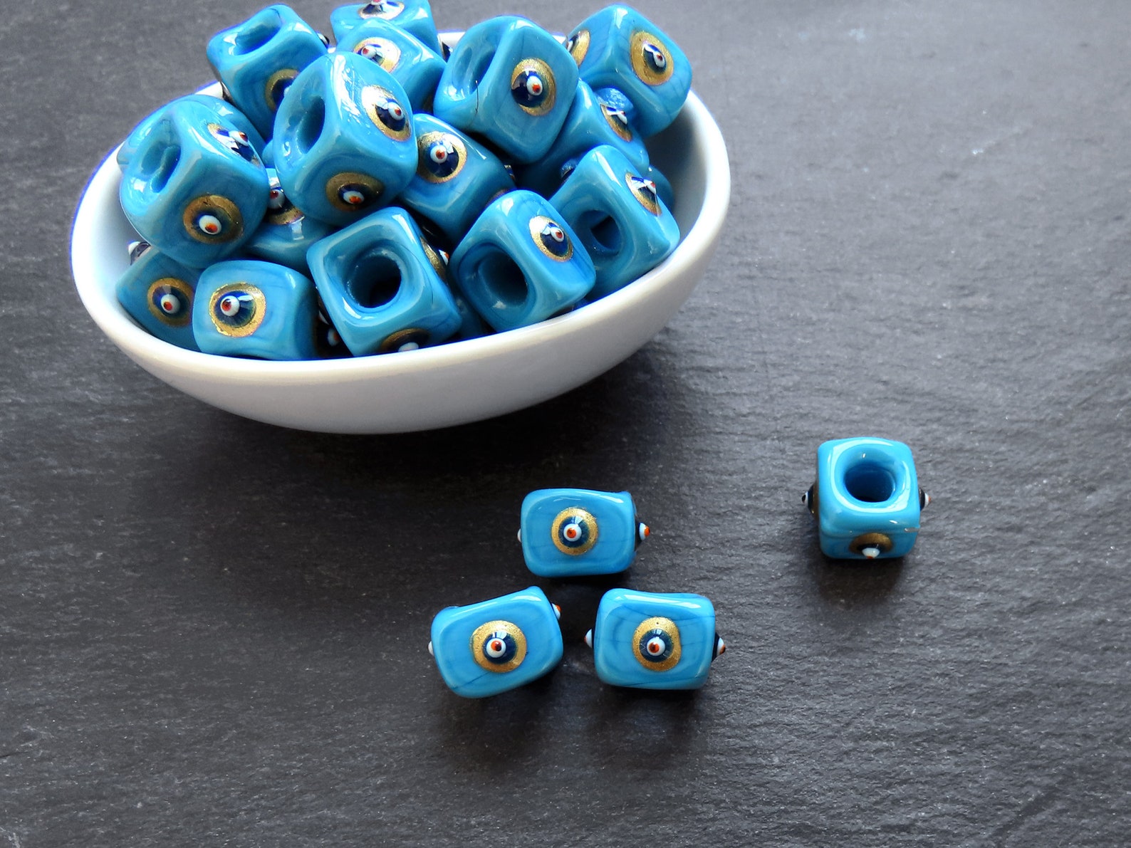 Turquoise Blue Square Evil Eye Beads, Protective Turkish Nazar Amulet ...