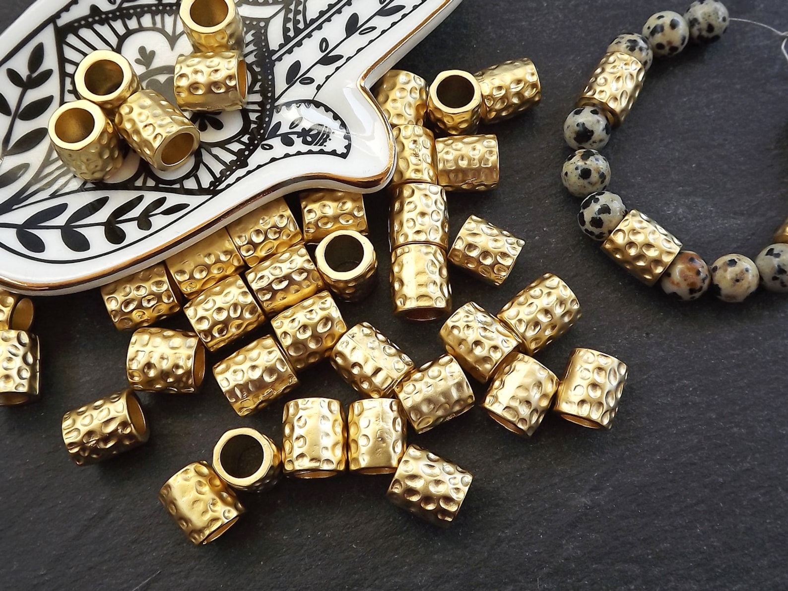 Hammered Tube Beads, Gold Tube Beads, Barrel Bead, Dotted, Dimple, Gold ...