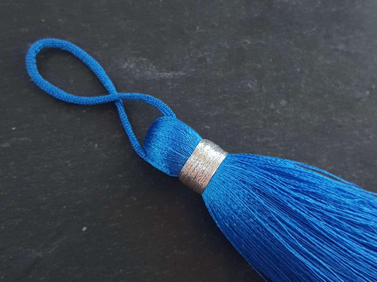 Large Blue Tassel, Silk Thread Tassel Pendant, Silver Metallic Band ...