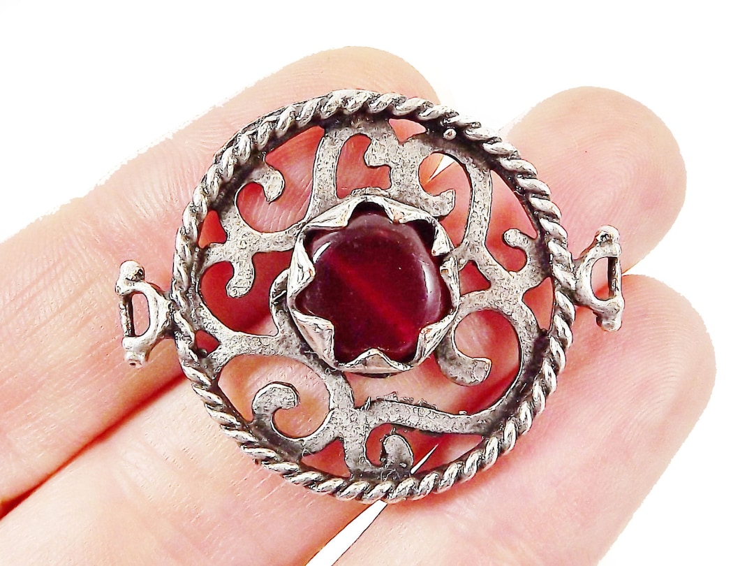 Deep Red Jade Stone Fretworked Circle Connector Pendant - Matte Silver ...