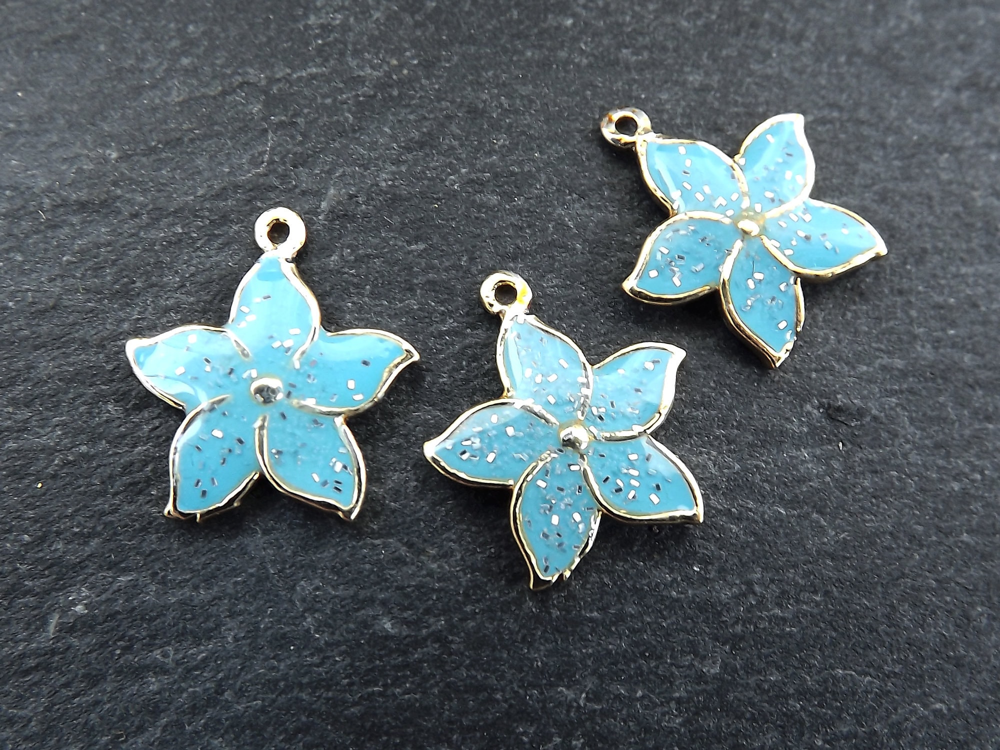 3 Blue Enamel Flower Charms, Mini Flower Pendants, Enamel Charms, for ...
