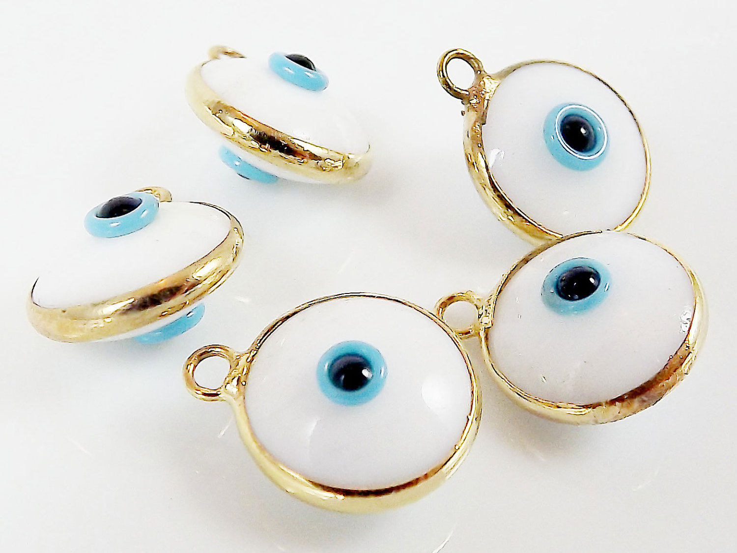 5 White Evil Eye Nazar Artisan Glass Bead Charms Gold Plated - Etsy
