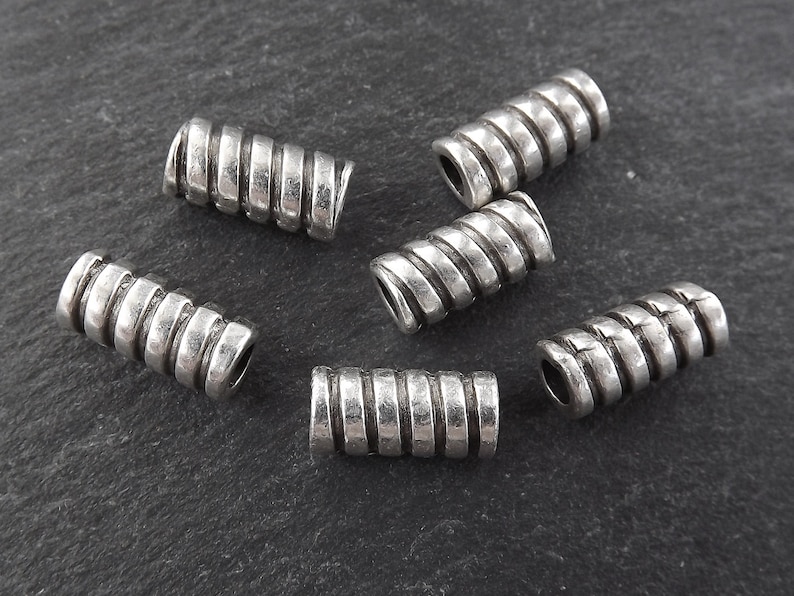 Large Narrow Spiral Ribbed Barrel Tube Beads - Matte Silver Plated ...