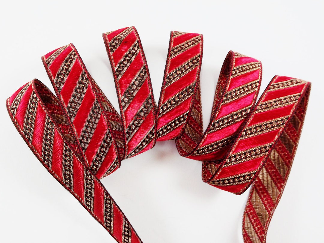 Red Bronze Diagonal Stripe Woven Embroidered Jacquard Trim Ribbon - 1 ...