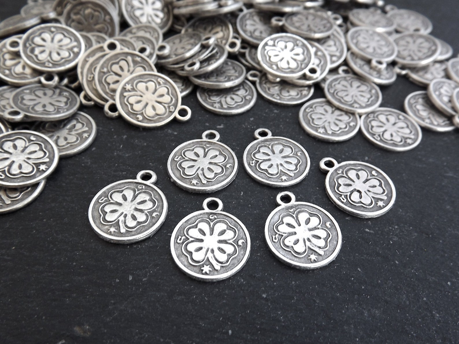 10 Four Leaf Clover Charm, Round Coin Pendant Charms, Shamrock Lucky ...