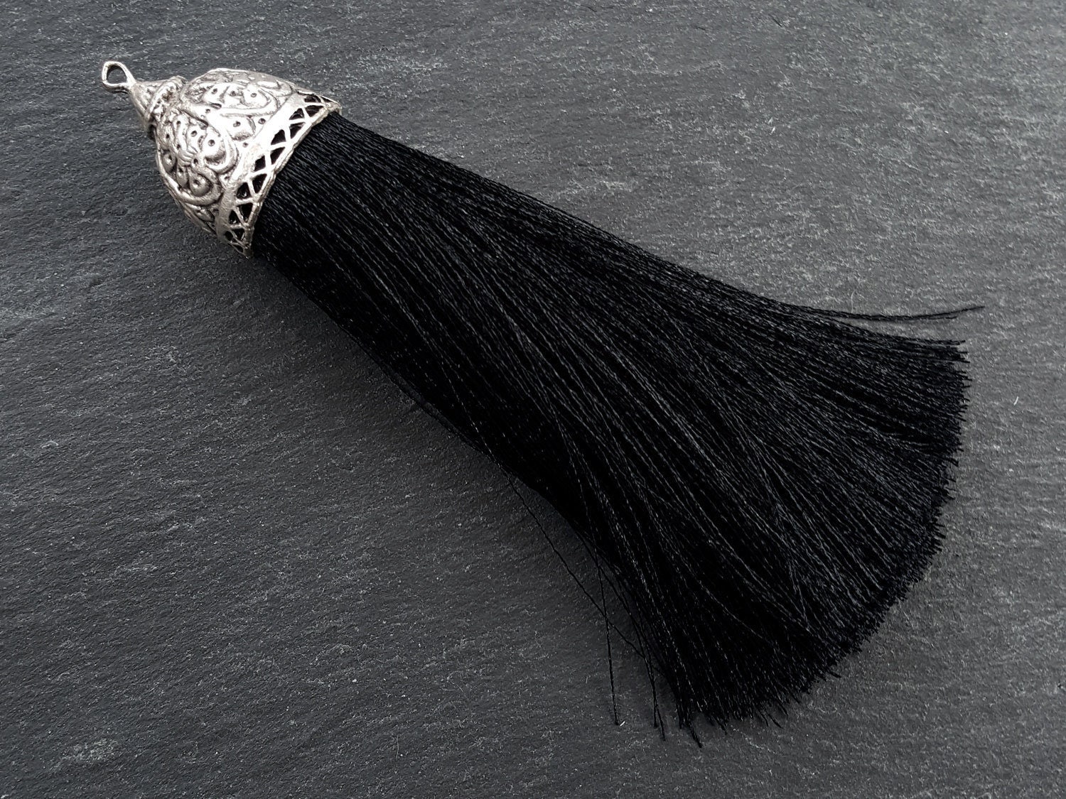 Extra Large Thick Black Silk Thread Tassel Pendant With Ornate Silver ...