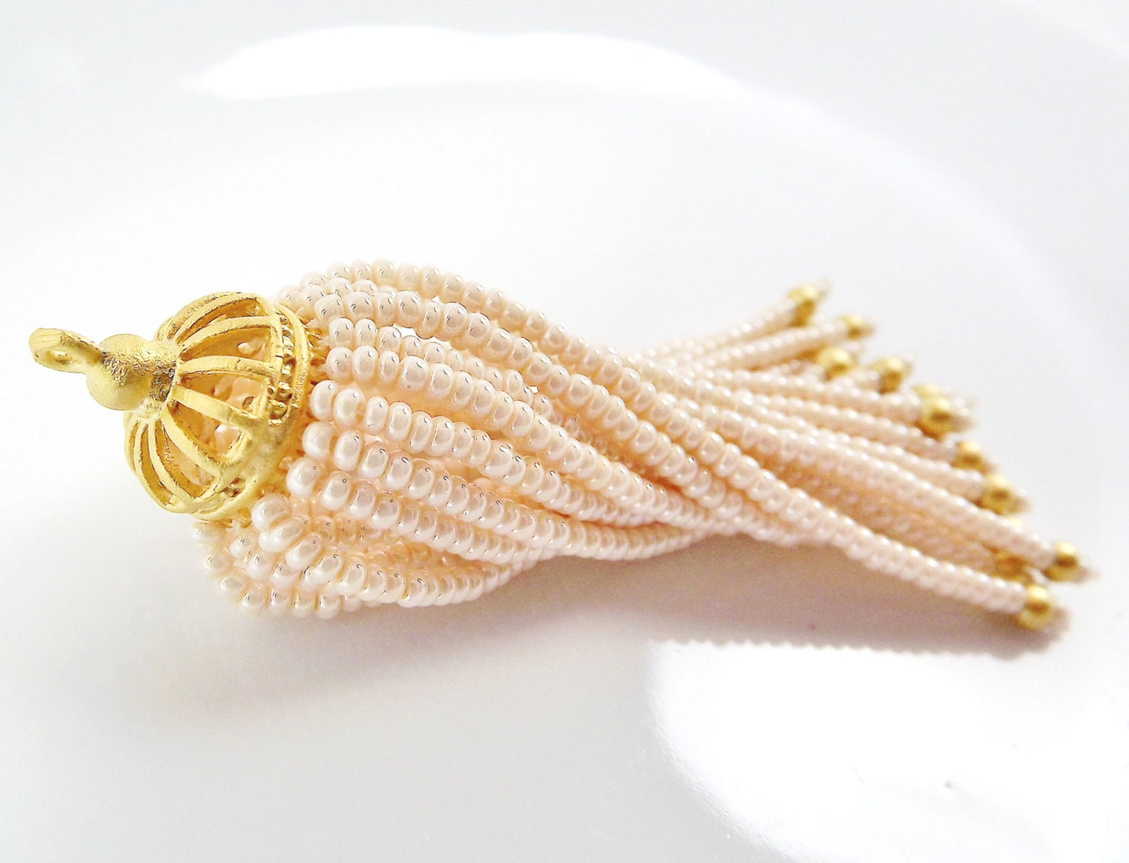 Long Pearly Cream Beaded Tassel 22k Matte Gold Plated Brass - Etsy