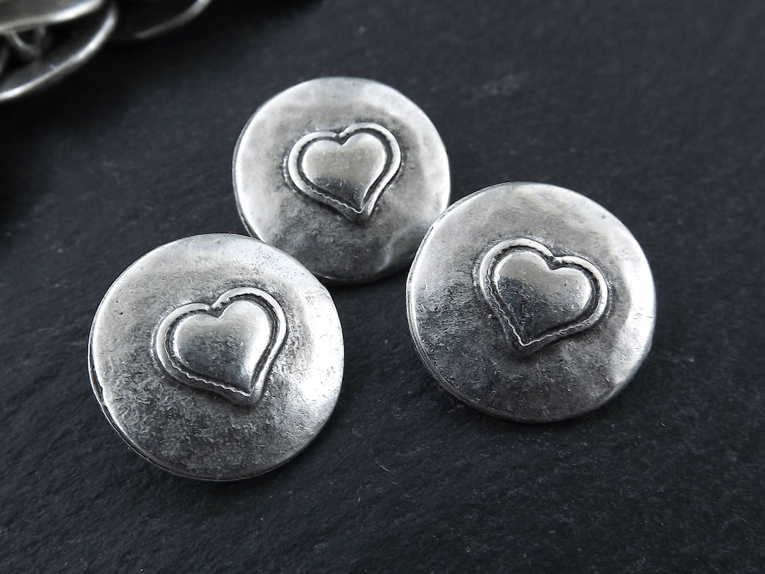 3 Rustic Metal Heart Buttons Matte Antique Silver Plated - Round Silver ...
