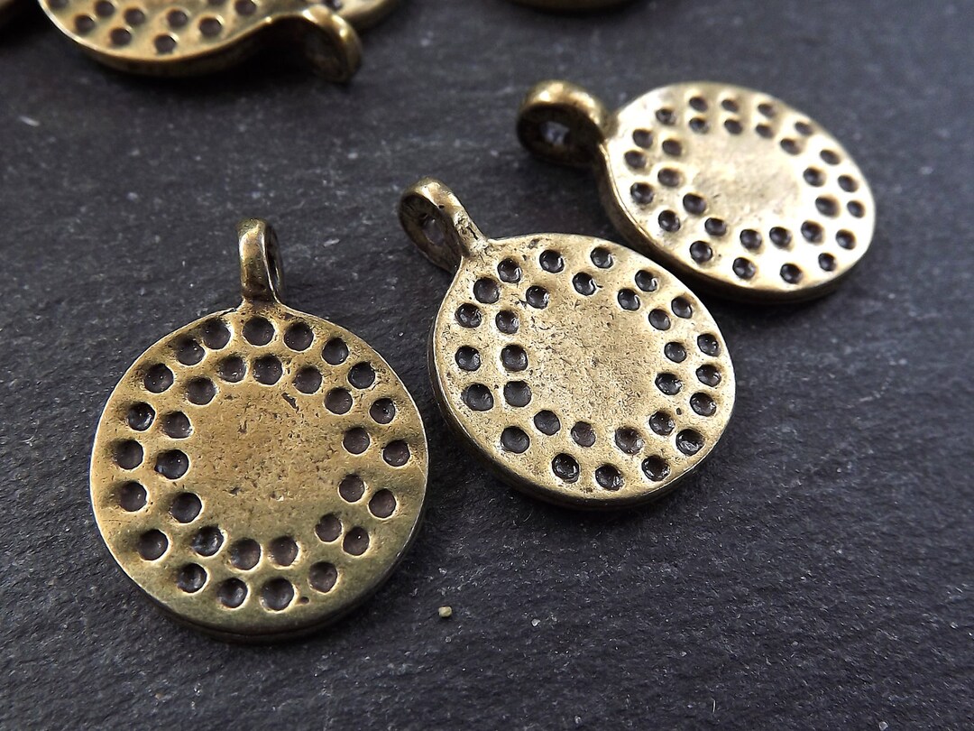 3 Small Dotted Round Disc Pendants With Side Facing - Antique Bronze ...
