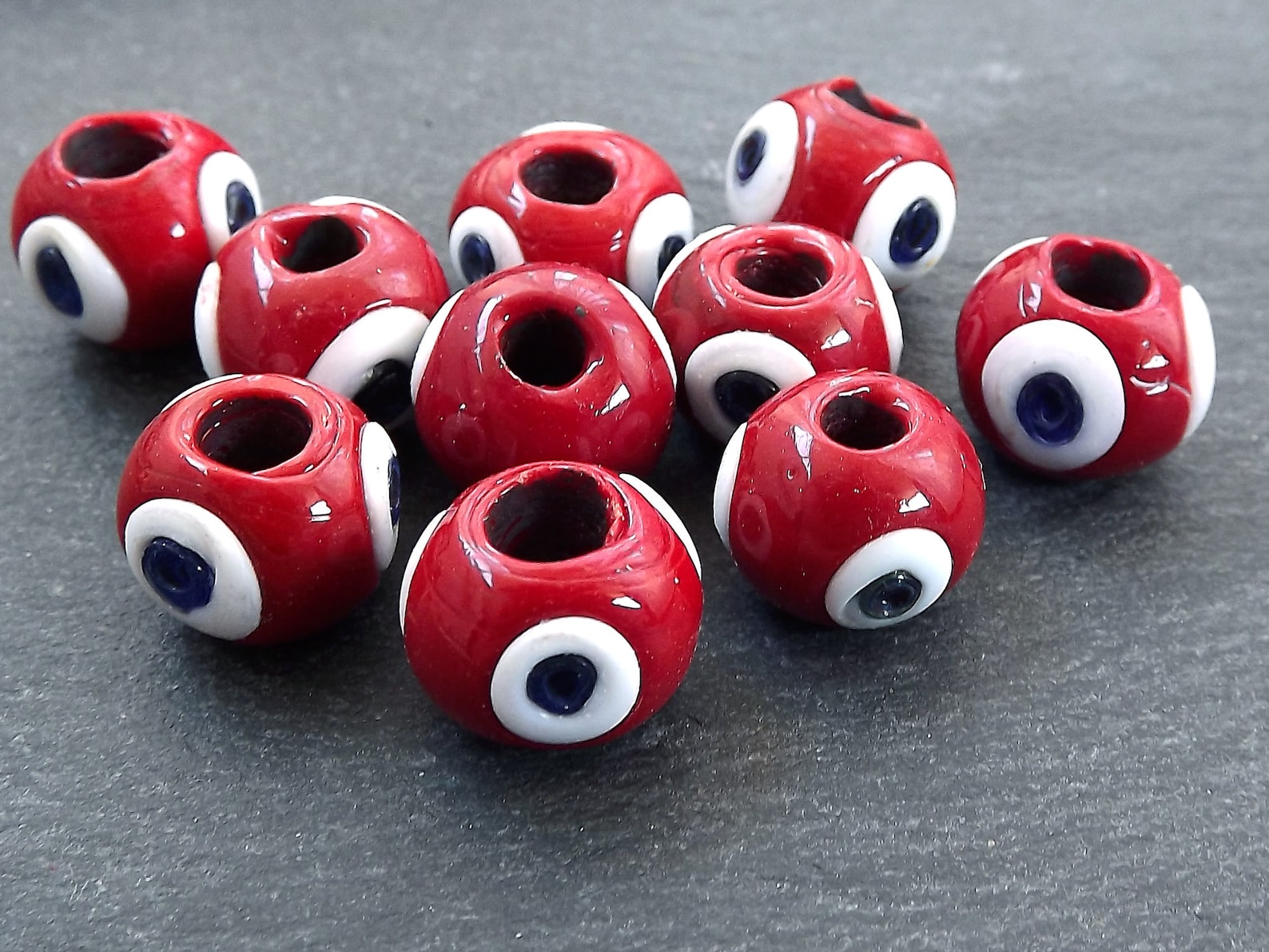 10 Red Glass Evil Eye Beads, Chunky Rondelle Artisan Handmade Lucky ...