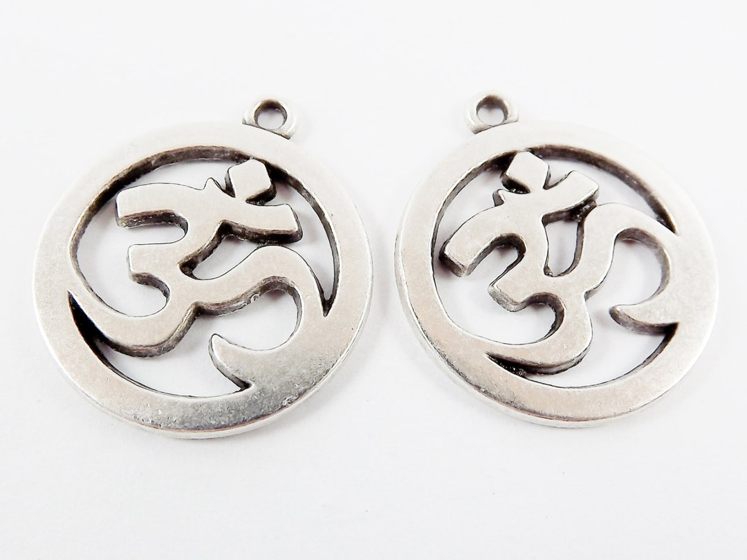 2 Large OM Symbol Charms - Matte Antique Silver Plated Brass - Yoga Aum ...