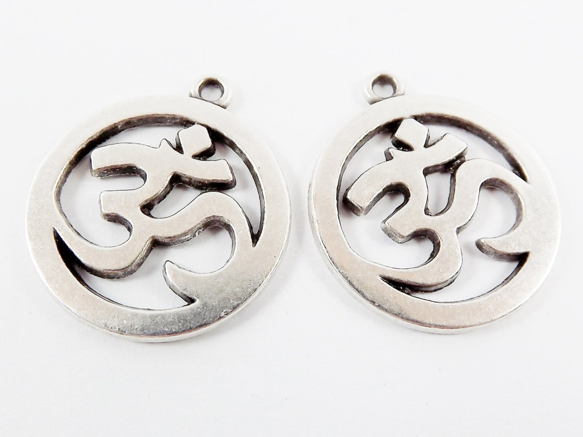 2 Large OM Symbol Charms - Matte Antique Silver Plated Brass - Yoga Aum ...