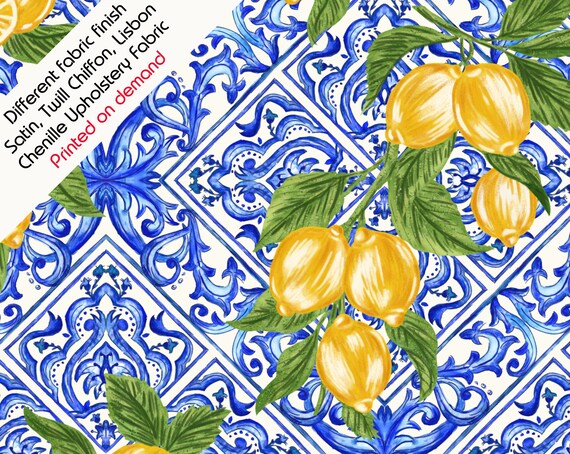 Majolica Blue Tile and Lemon Fabric/ Summer Outfit Fabric/ | Etsy