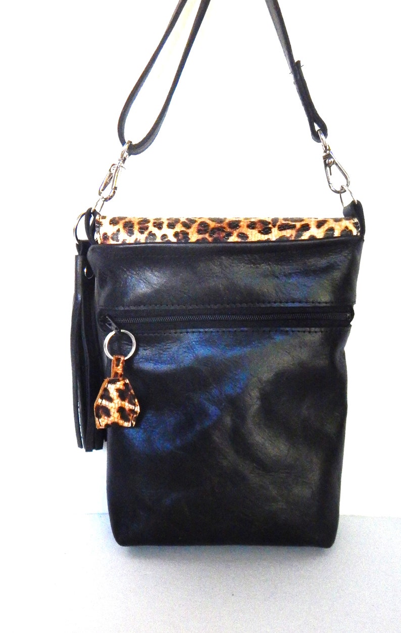 Black Leather With Cheetah Leather Trim Crossbody Bag. Phone - Etsy