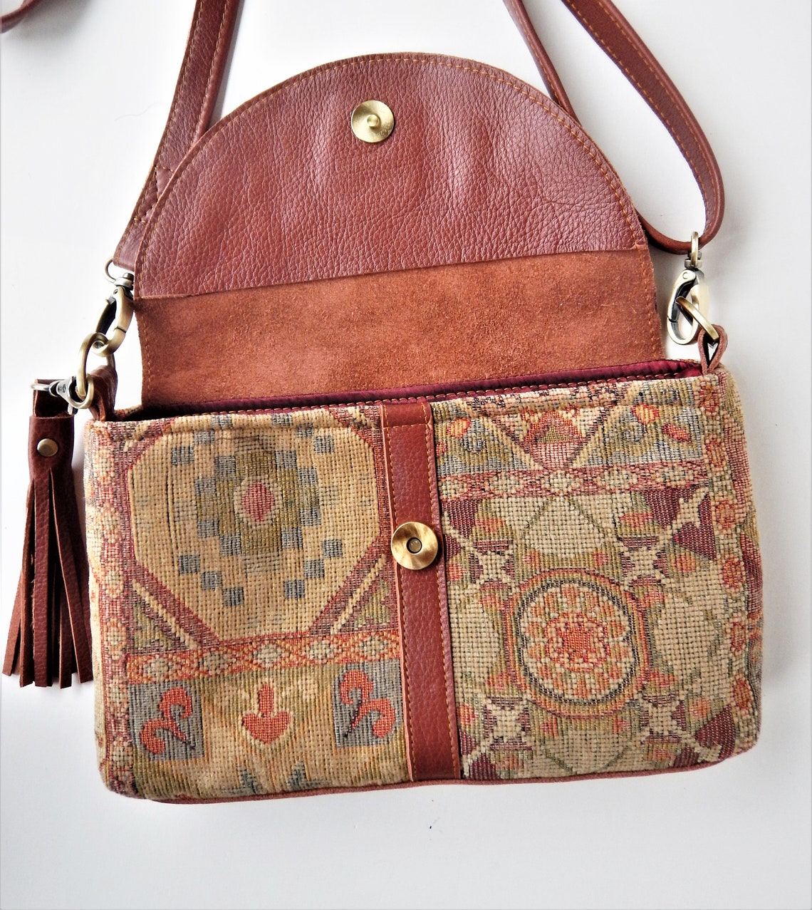 Leather and tapestry crossbody bag or shoulder bag. Southwest | Etsy