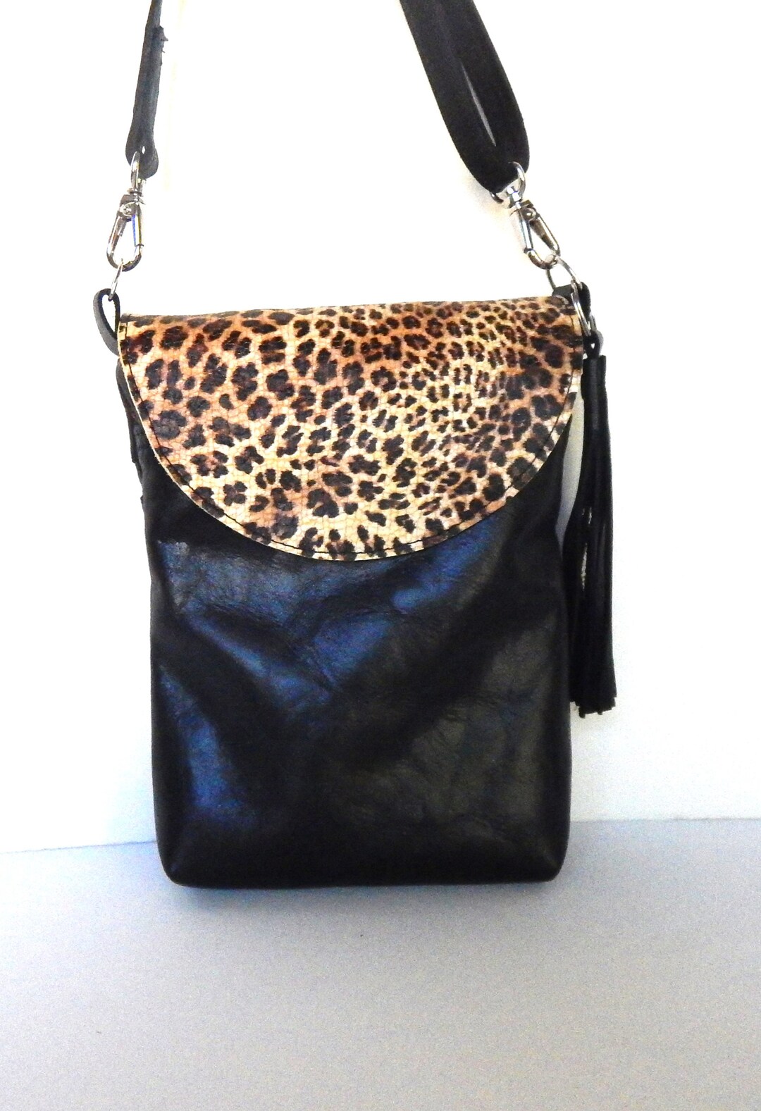 Black Leather With Cheetah Leather Trim Crossbody Bag. Phone, Festival ...