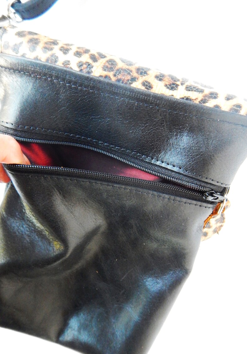 Black Leather With Cheetah Leather Trim Crossbody Bag. Phone - Etsy