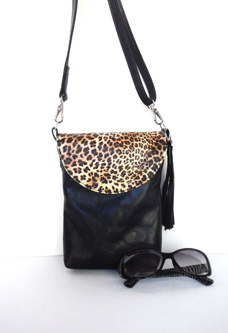 Black Leather With Cheetah Leather Trim Crossbody Bag. Phone - Etsy