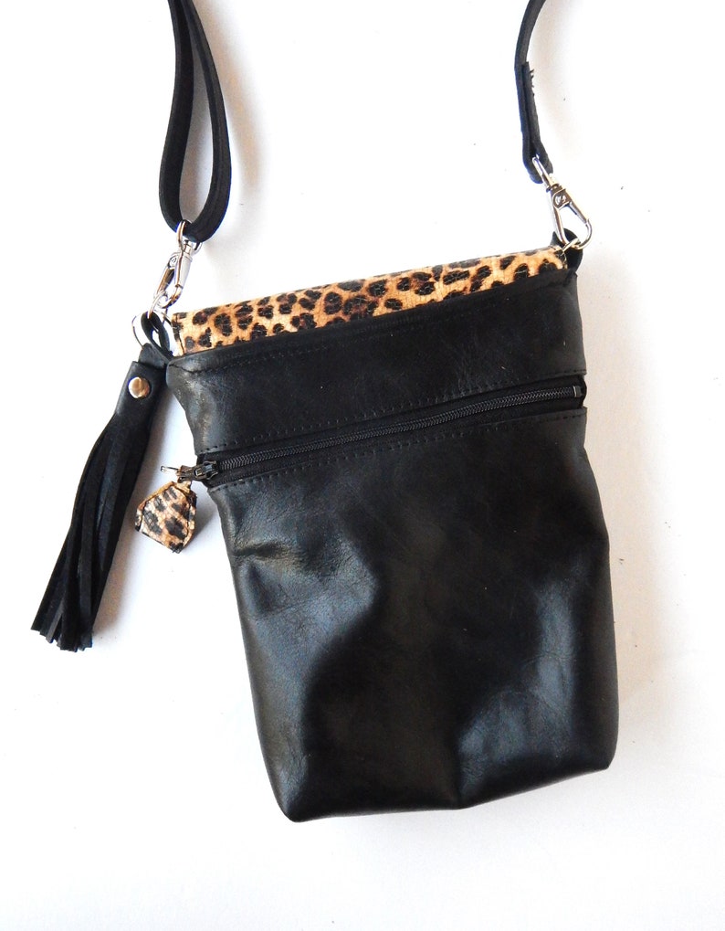 Black Leather With Cheetah Leather Trim Crossbody Bag. Phone - Etsy