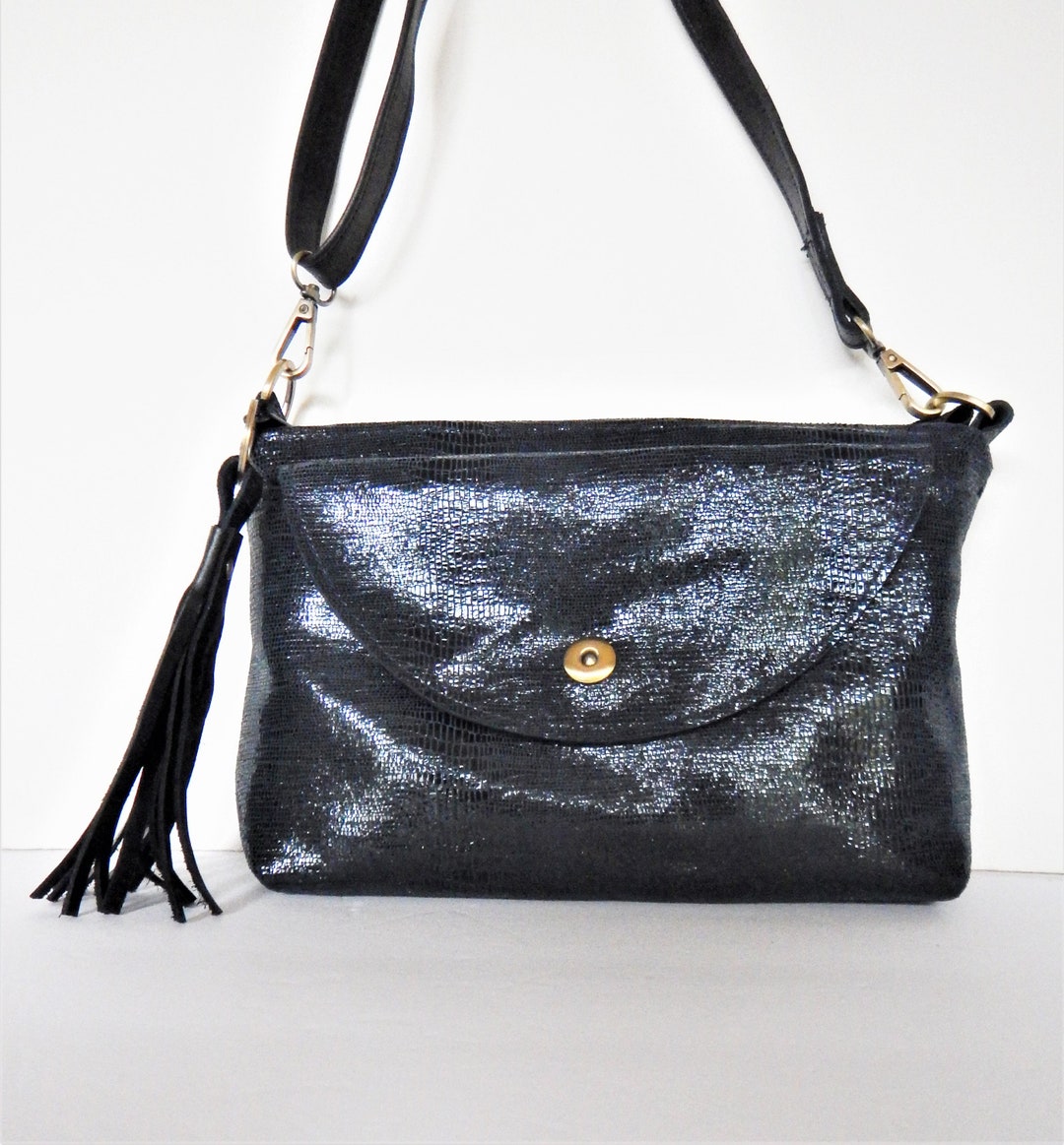 Dark Navy Blue Snakeskin Leather Crossbody Bag. Shoulder Bag in Dark ...