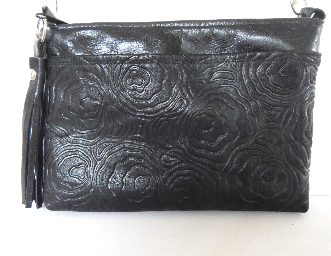 Black Embossed Leather Crossbody or Shoulder Bag. Embossed Abstract ...