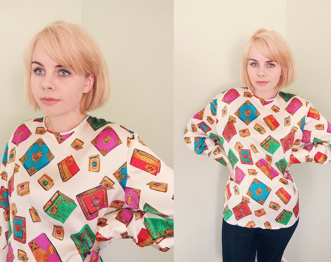 Vintage 1980's Blouse/ Pure Silk/ Antique Book Pattern/ Buttons Down ...