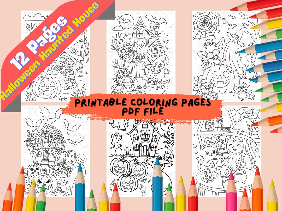Halloween Haunted House Coloring Pages, Spooky Kids Activity (PDF) - Etsy