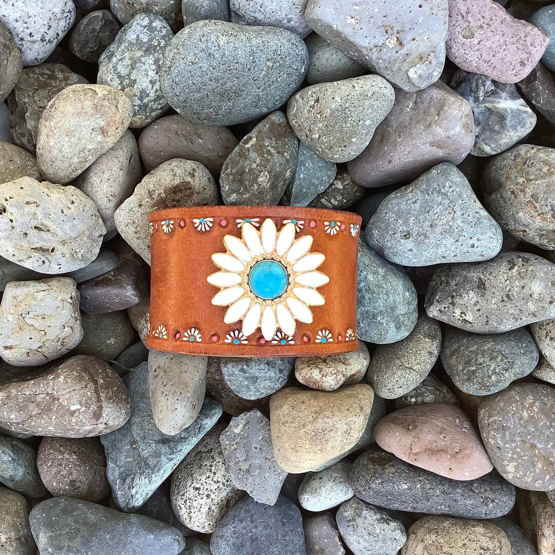 Tan Colored Women’s Leather Daisy Concho Wide Cuff Bracelet - Etsy