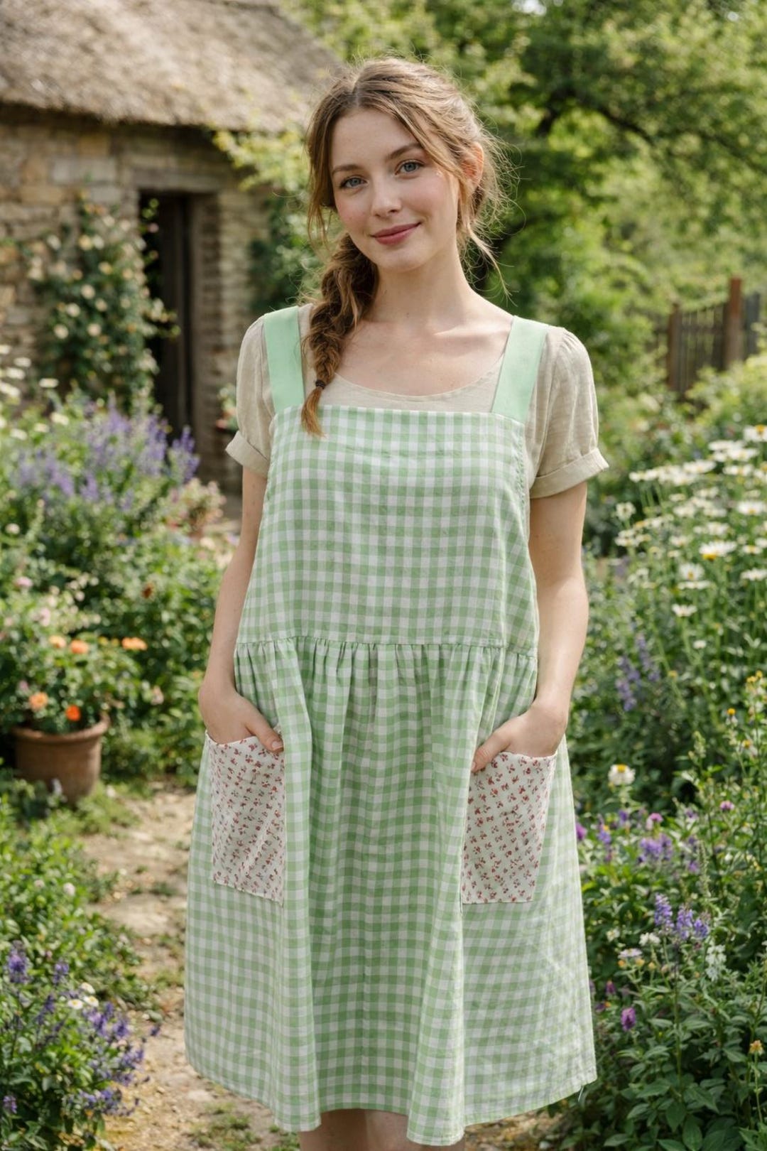 Handmade Cottagecore Apron, Gingham Floral Pocket Apron, Heirloom Style ...