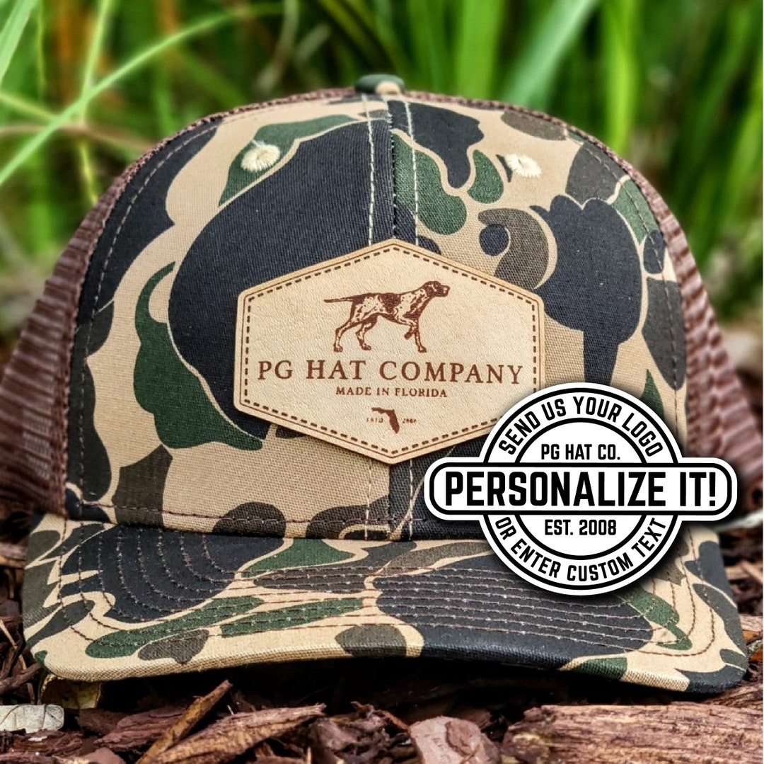 Vintage Duck Camo Custom Leather Patch Trucker Hat Laser Engraved With ...