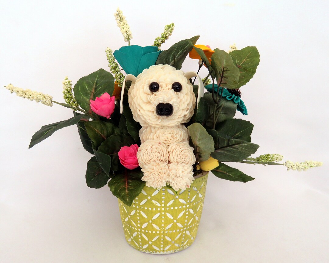Puppy Paws Floral Arrangement With Lime Colored Vase, Teal, Yellow and ...