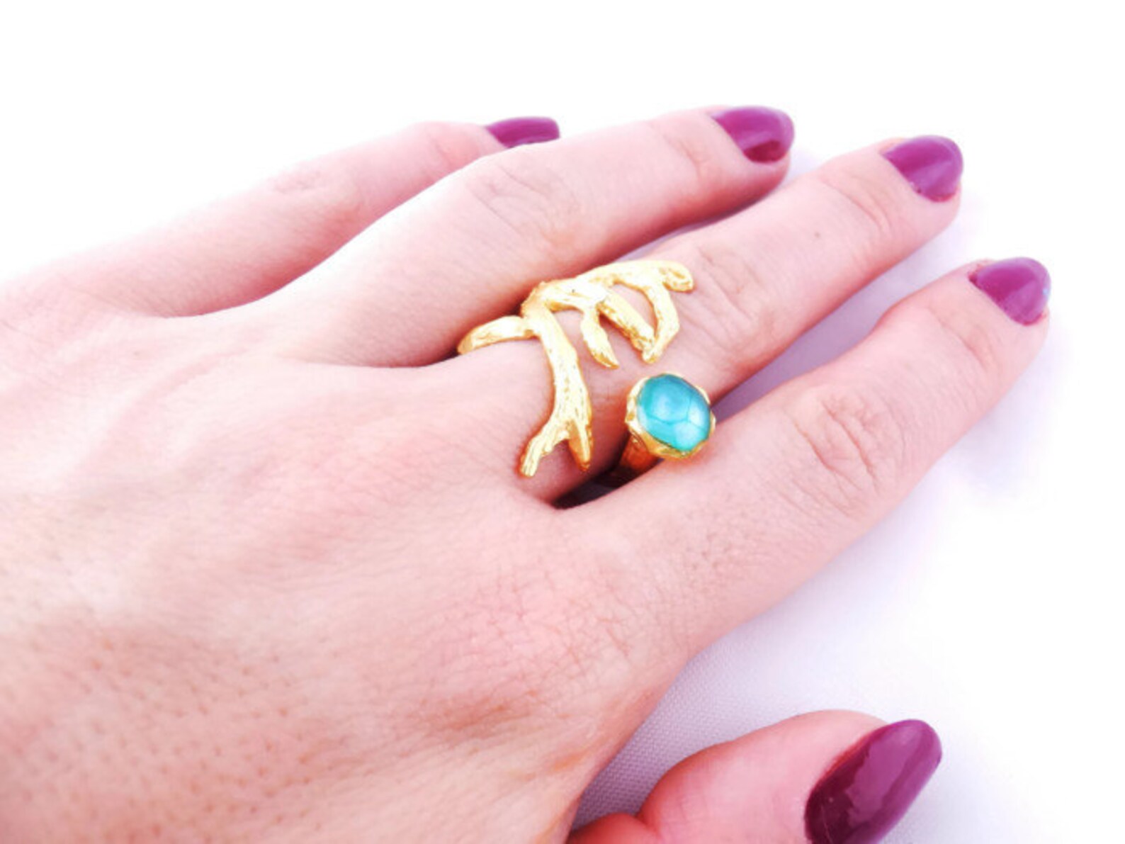 Aqua Blue Ring Golden Branch Ring Gold Tree Ring Blue Wood - Etsy