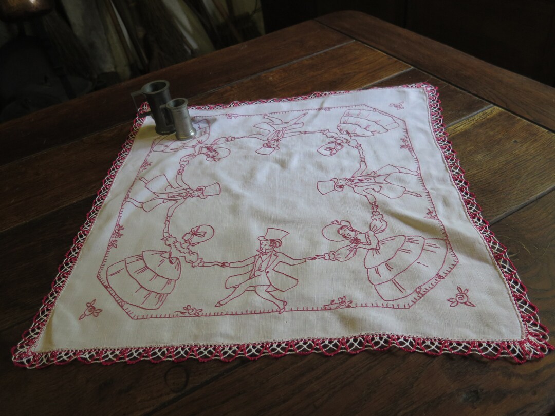 Romantic and Cute Doily With Dancing Characters Red Embroideries ...