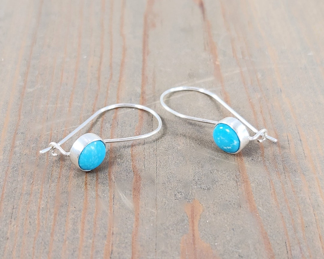 Small Turquoise Earrings, Medium Blue, One Inch Sterling Silver Kidney Wire, Closed Hook, Safety ...