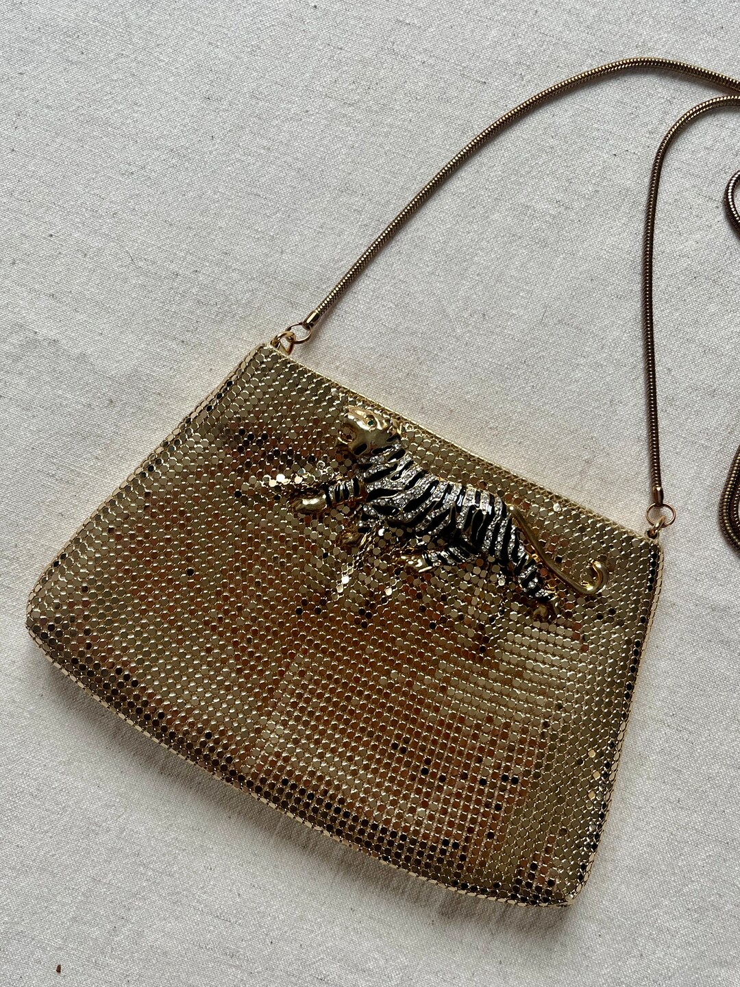 Vintage Whiting & Davis Gold Mesh Bag With Custom Tiger Embellishment ...